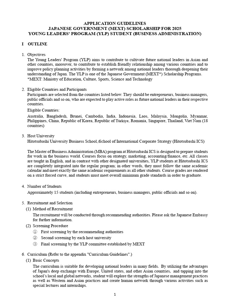 Application Guidelines Japanese Government (Mext) Scholarship For 2025 Young Leaders' Program ...