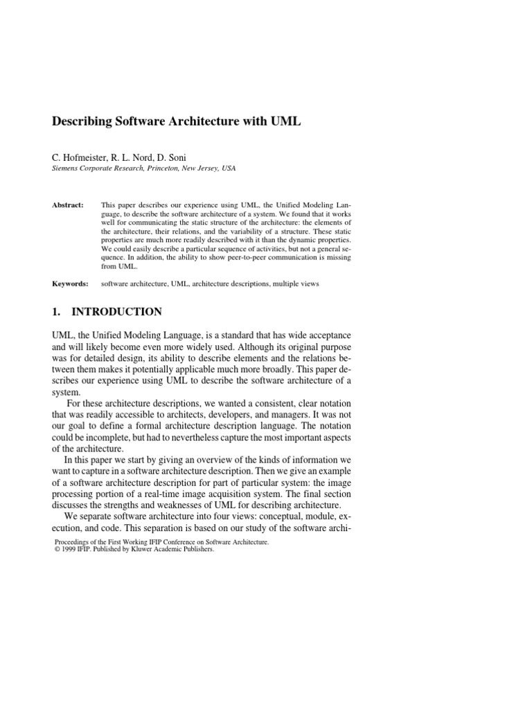 Describing Software Architecture With UML: Siemens Corporate Research, Princeton, New Jersey ...