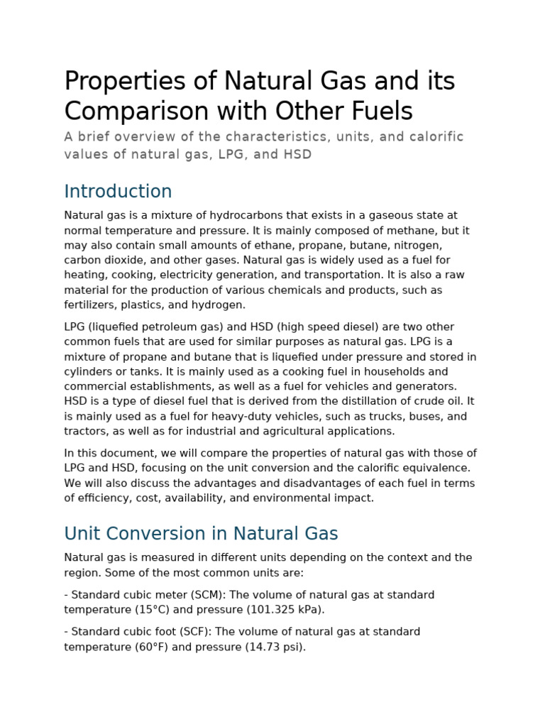 Properties of Natural Gas and Its Comparison With Other Fuel | PDF