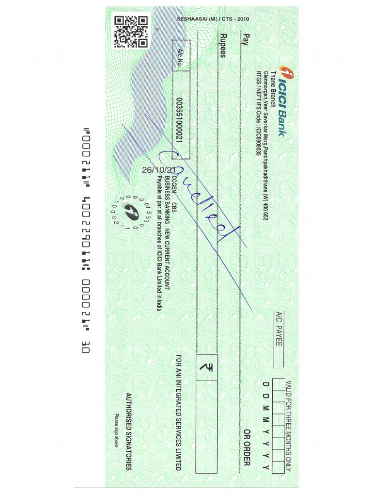 Icici Bank - Cancelled Cheque | PDF