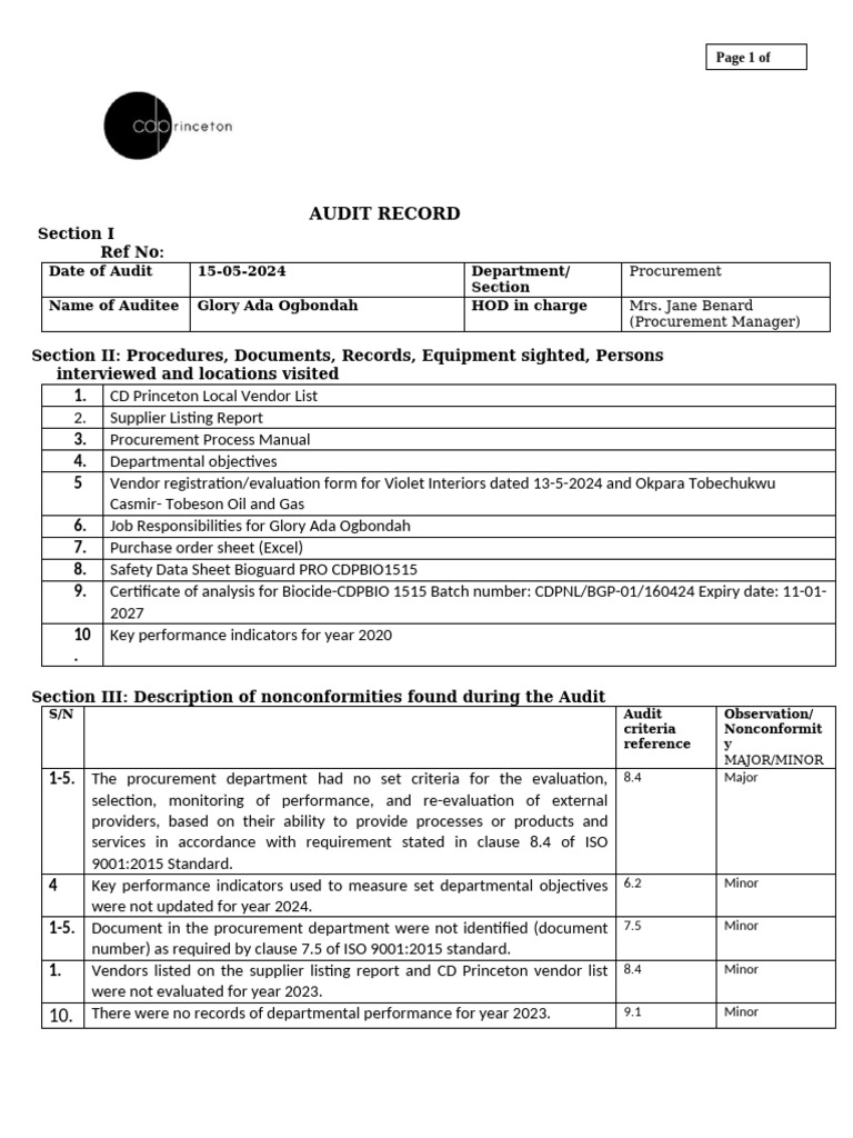 Internal Audit Record Form (1) | PDF