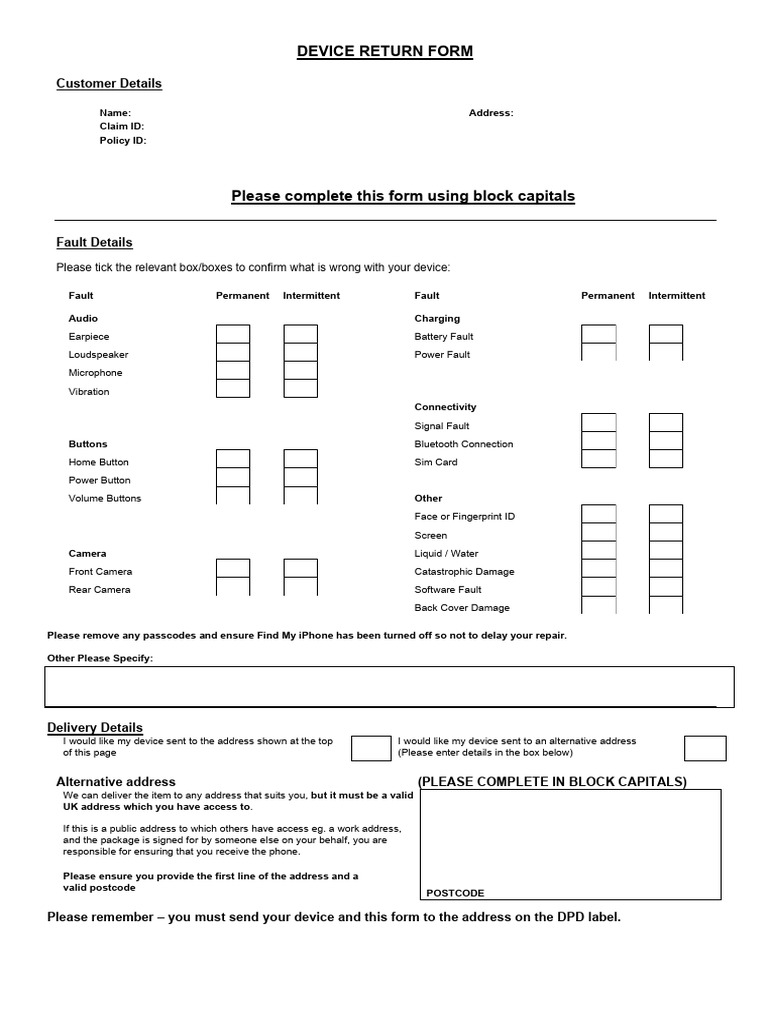 Device Return Form 2 | PDF