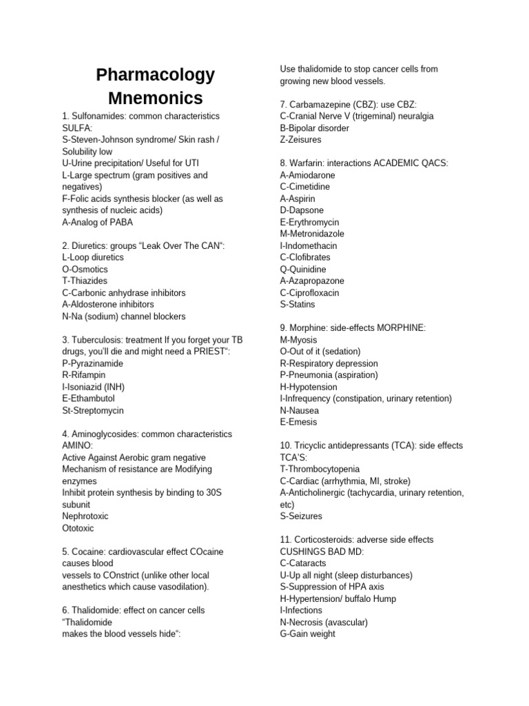 Pharmacology Mnemonics | PDF
