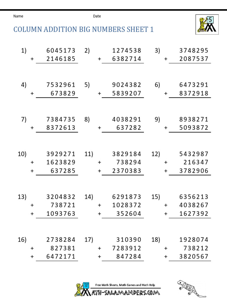 Column Addition Big Numbers 1 | PDF
