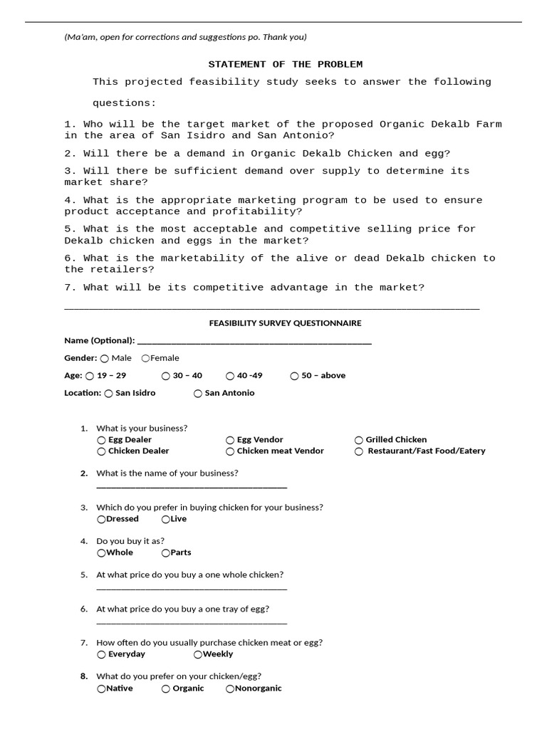 2 FEASIBILITY SURVEY QUESTIONNAIRE About DEKALB CHICKEN CLEMENTE MARY ANN C | PDF | Chicken ...