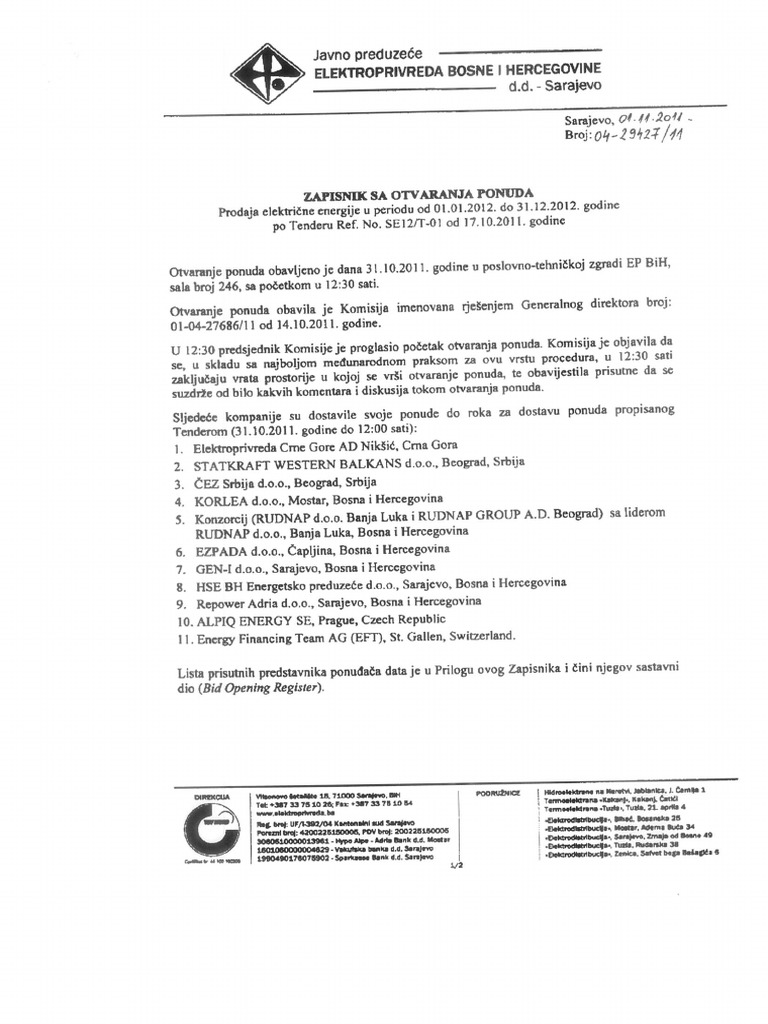 Zapisnik Sa Otvaranja Ponuda | PDF