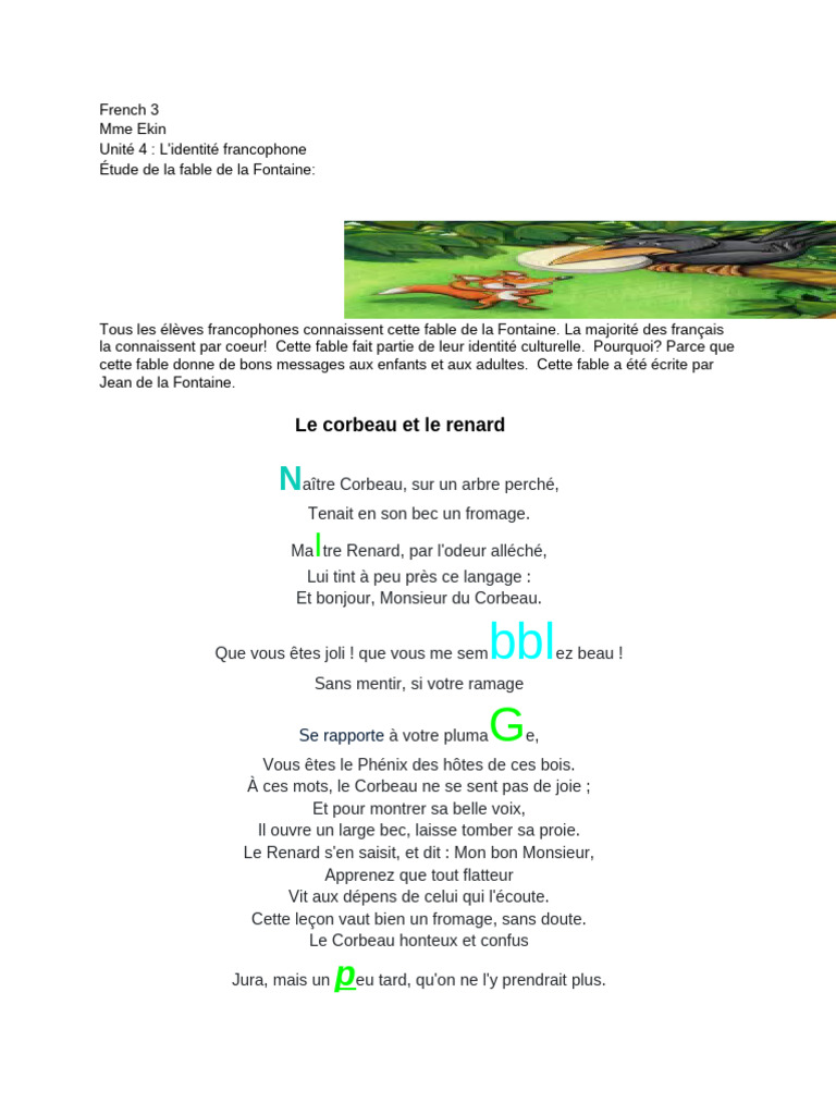 Corbeau Et Renard Exercices | PDF