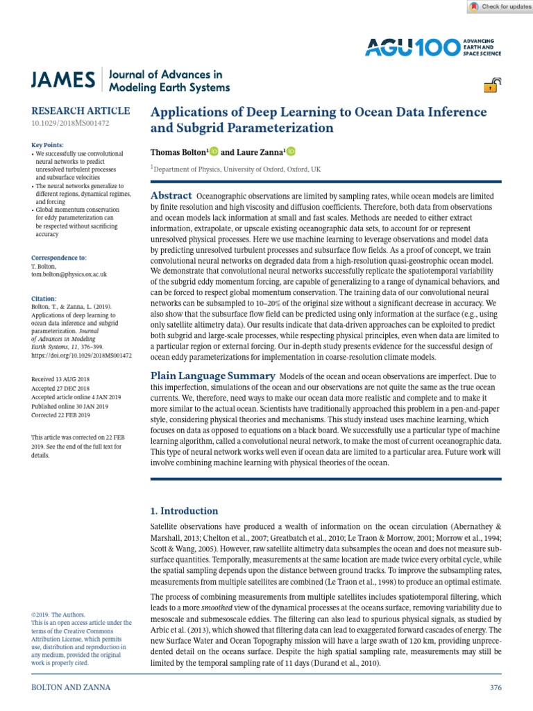 J Adv Model Earth Syst - 2019 - Bolton - Applications of Deep Learning To Ocean Data Inference ...