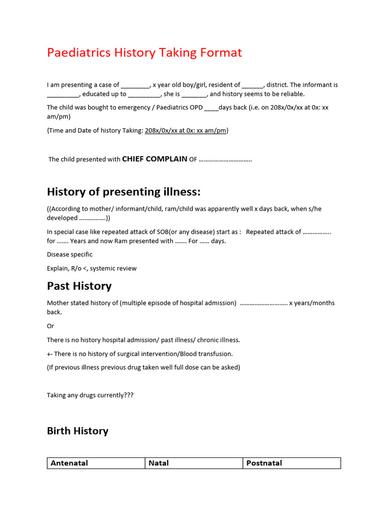 Paediatrics History Taking Format (2) - 230426 - 215241 | PDF