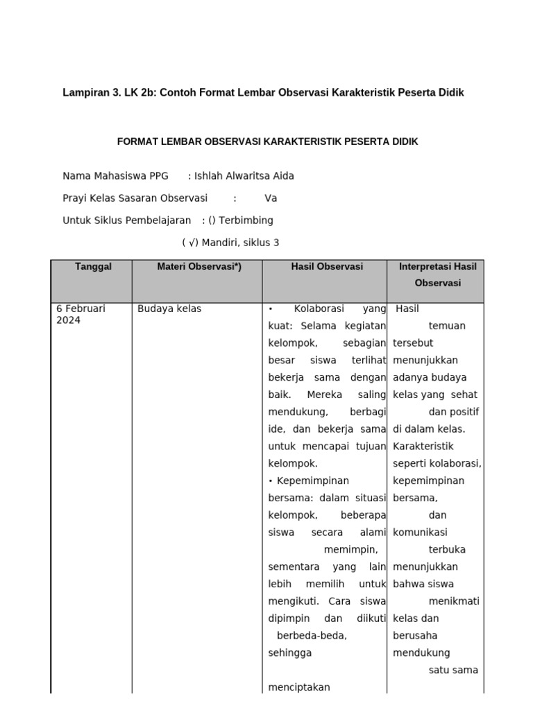 SIKLUS 3 Lampiran 3. LK 2b Contoh Format Lembar Observasi Karakteristik ...