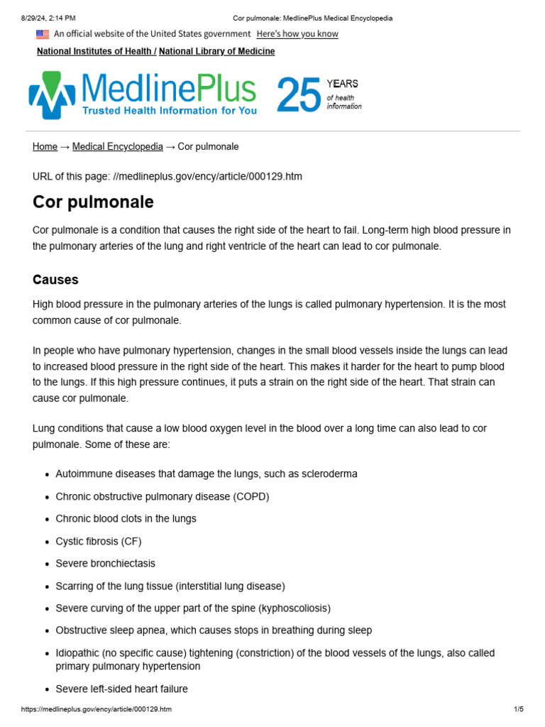 Cor Pulmonale - MedlinePlus Medical Encyclopedia | PDF