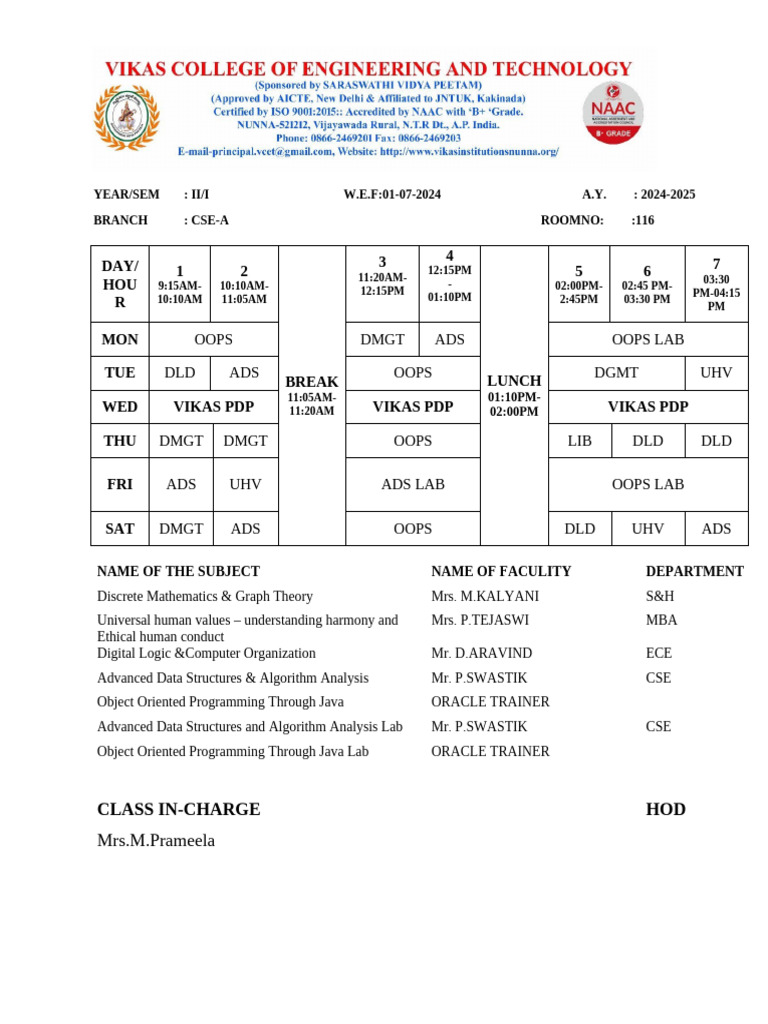 Ii - 1 Cse A, B, C Time Table | PDF