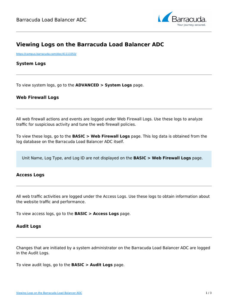 Viewing Logs On The Barracuda Load Balancer ADC | PDF