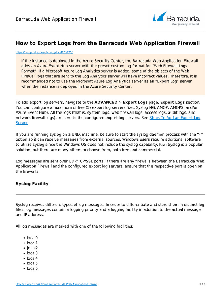 How To Export Logs From The Barracuda Web Application Firewall | PDF