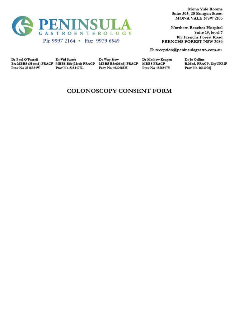 Colonoscopy Consent Form Mar 2020 Fillable | PDF