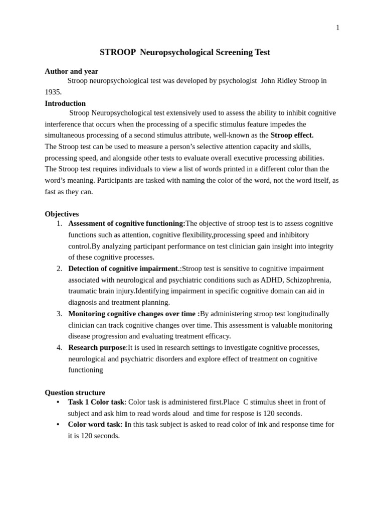 STROOP Neuropsychological Screening Test | PDF