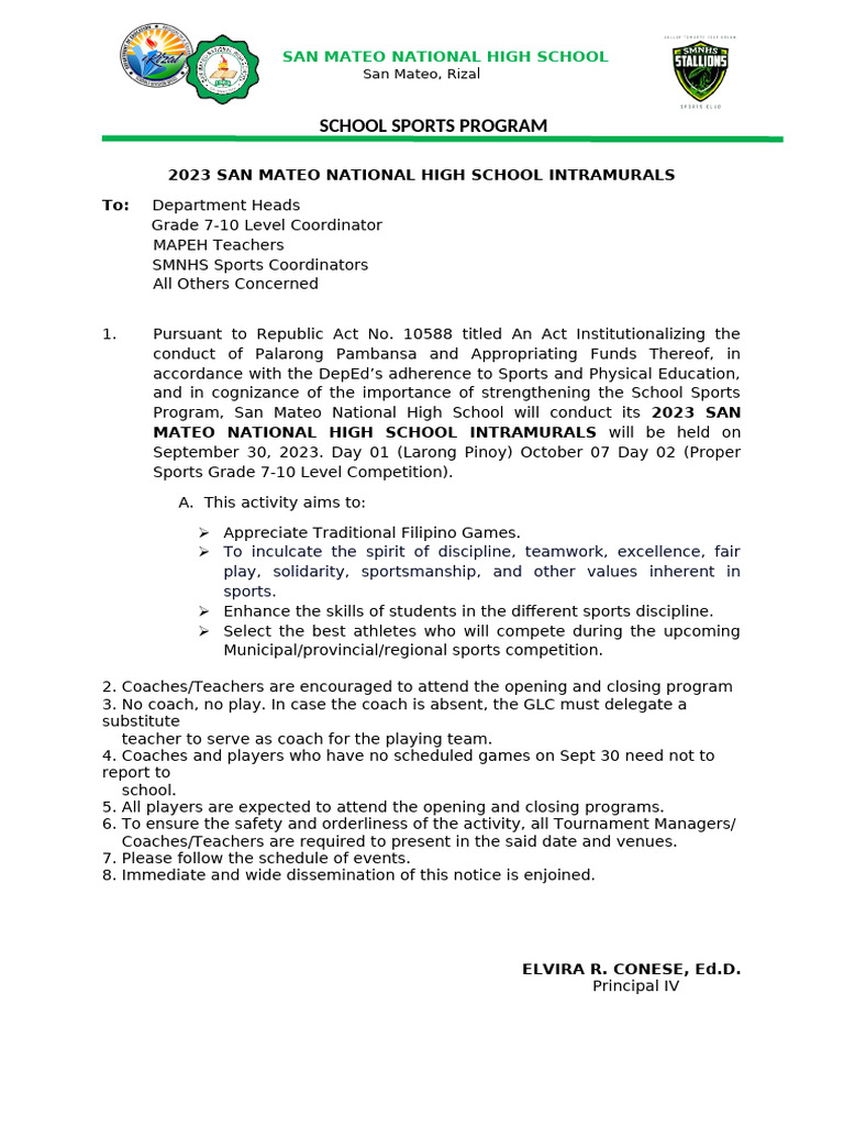 2023 San Mateo National High School Intramurals | PDF