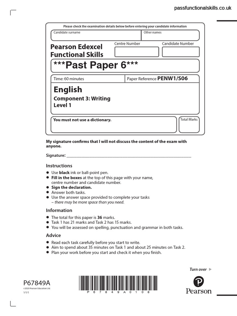 Edexcel Functional Skills English Level 1 Writing Paper 6 Model ...