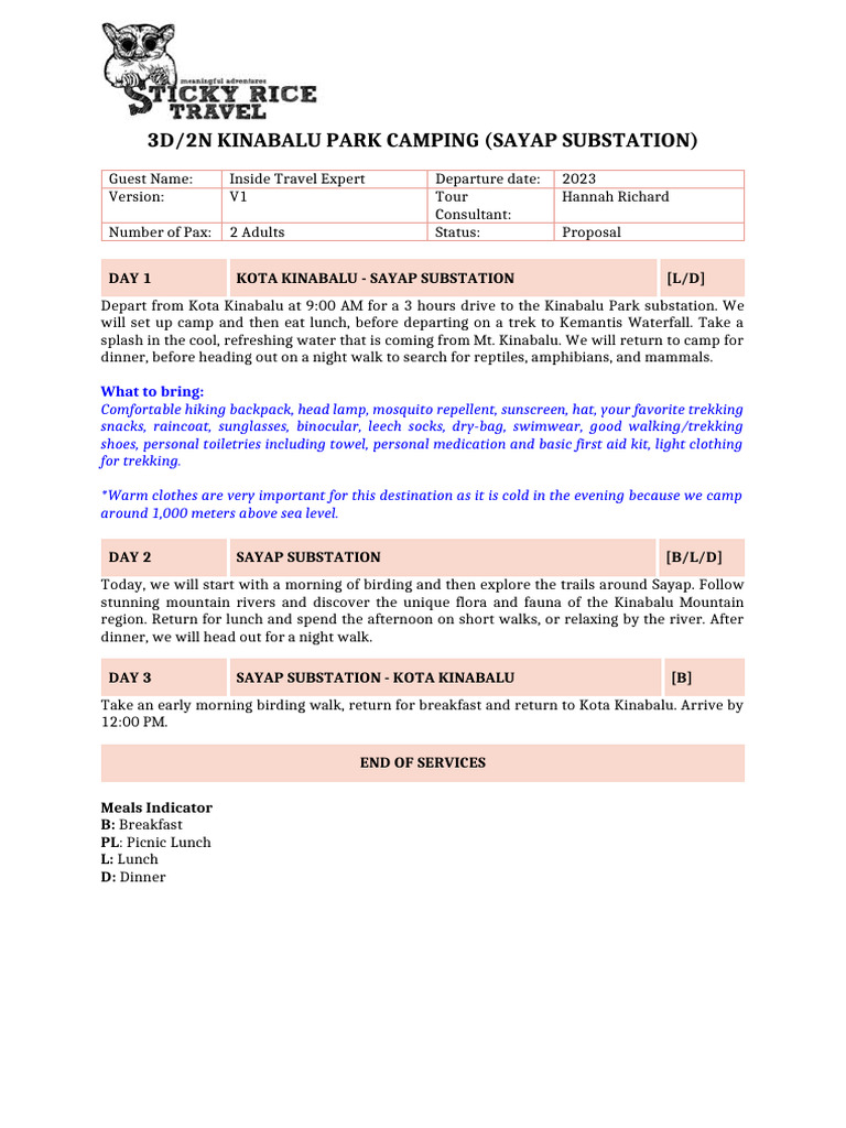 Trip Proposal (3D_2N Kinabalu Park Camping) | PDF