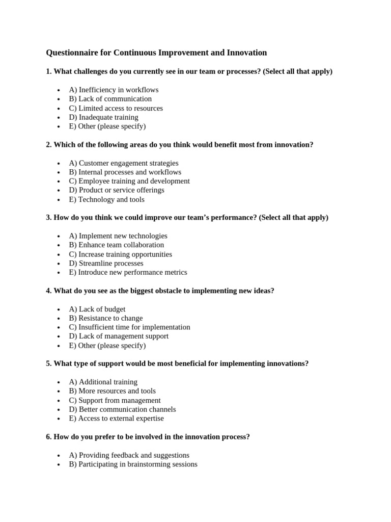 Questionnaire For Continuous Improvement and Innovation | PDF