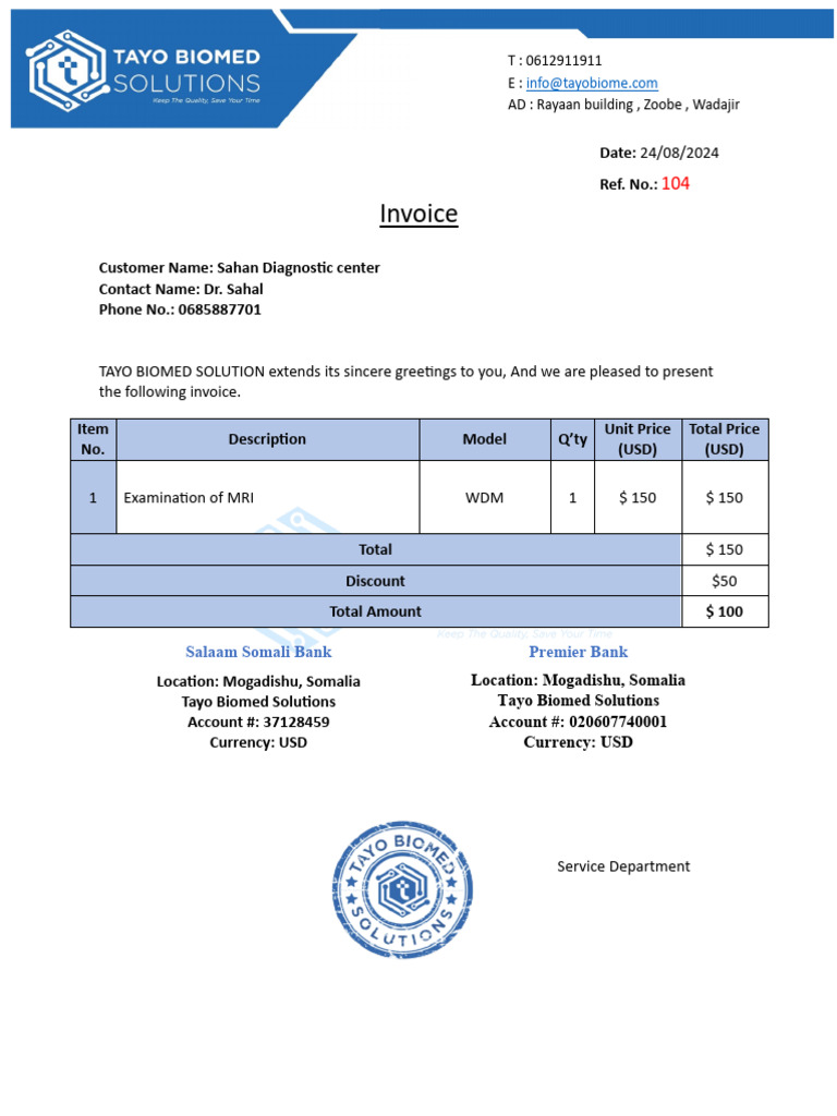Invoice for MRI Examination | PDF