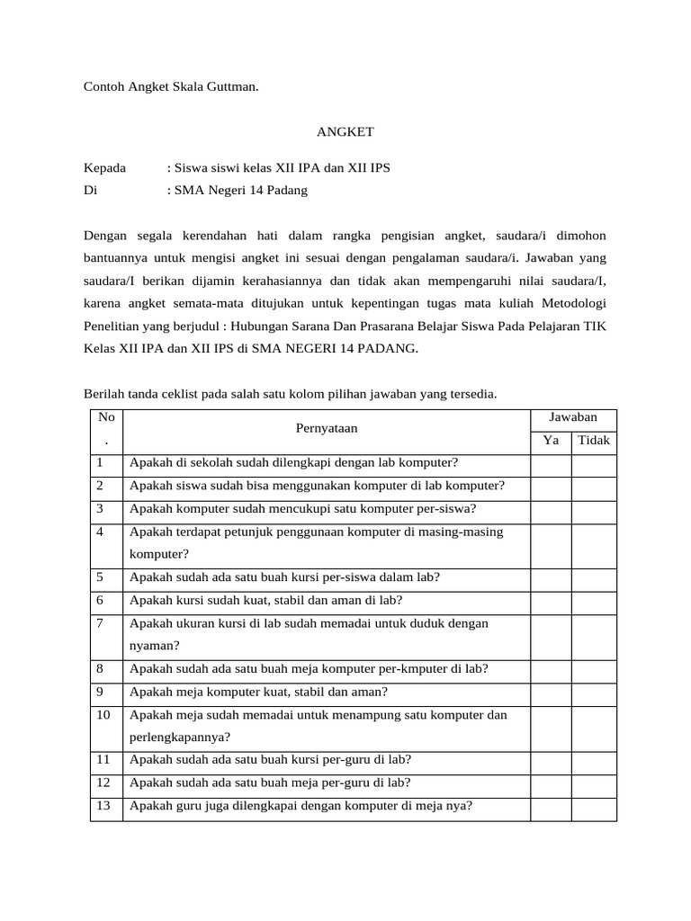 Contoh Angket Skala Guttman | PDF