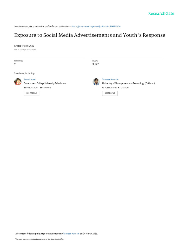Exposure To Social Media Advertisements and Youth's Response | PDF