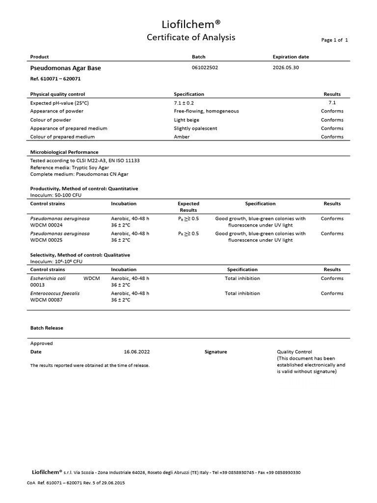 Liofilchem®: Certificate of Analysis | PDF