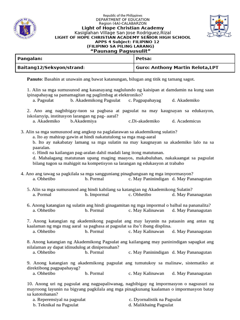 Apps 4 Filipin12 Paunang Pagsusulit | PDF