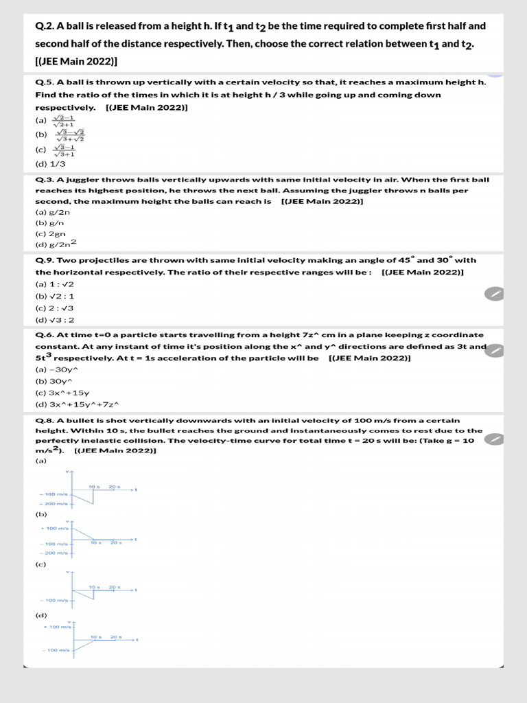 Physics JEE Mains PYQs On Kinematics | PDF