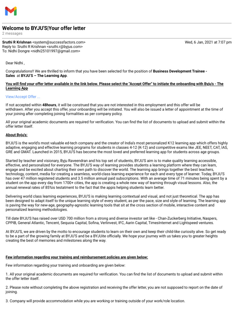 Gmail - Welcome To BYJU'S - Your Offer Letter | PDF