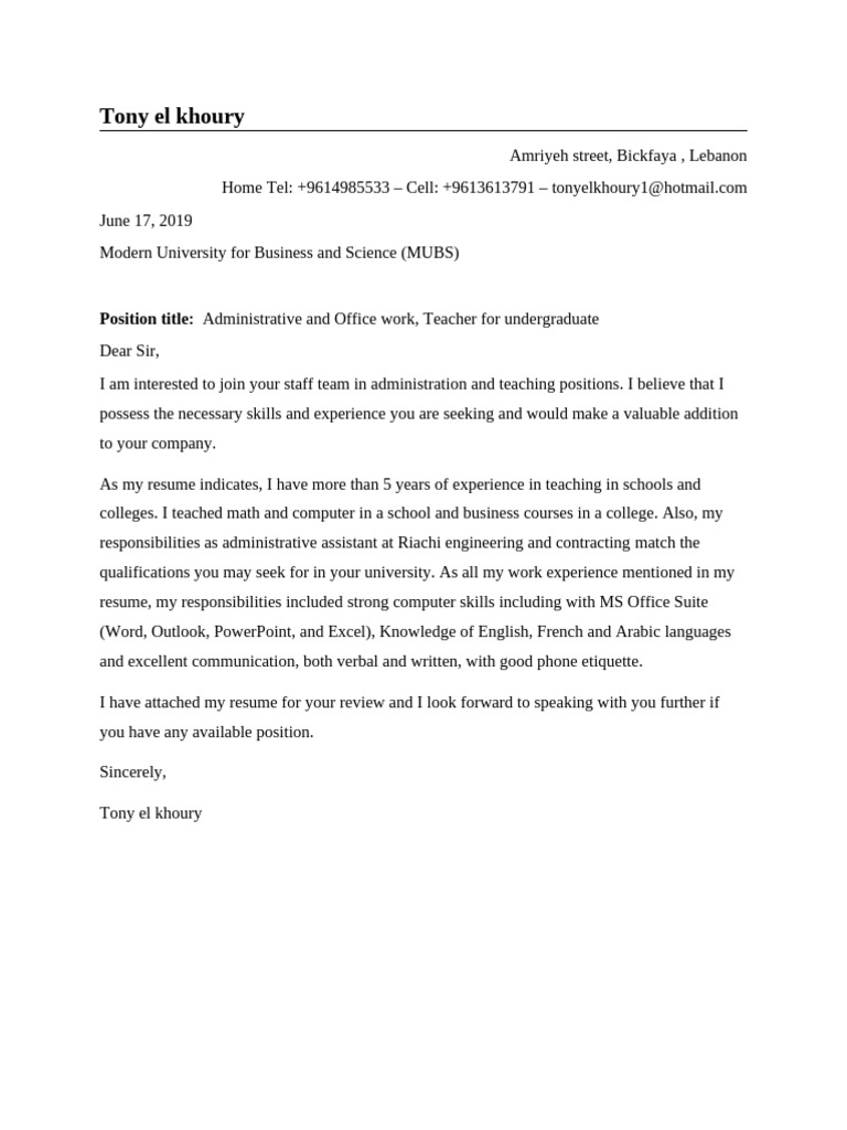 Cover Letter - MUBS University | PDF