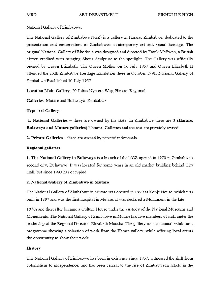 MRD National Gallery of Zimbabwe Notes | PDF