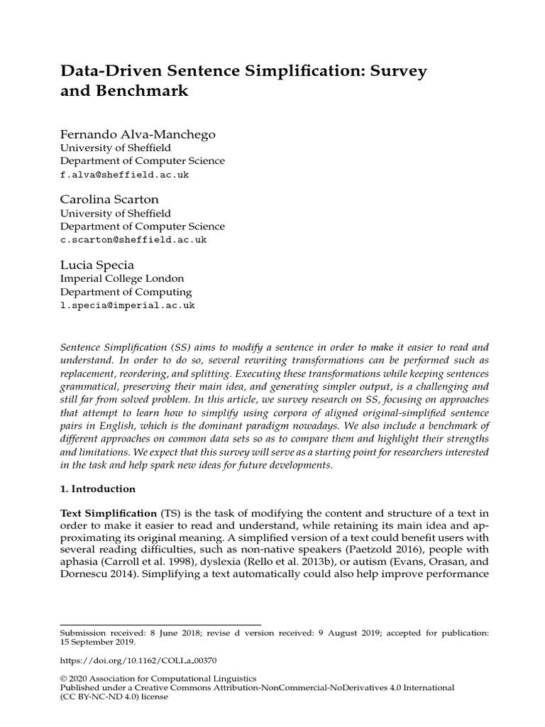 Data-Driven Sentence Simplification: Survey and Benchmark | PDF ...