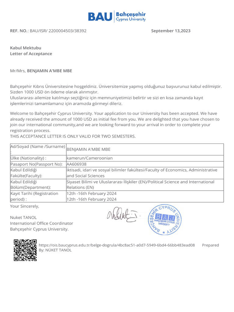 2023-2024 - 2 - Letter - of - Acceptance - BENJAMIN - A'MBE MBE | PDF