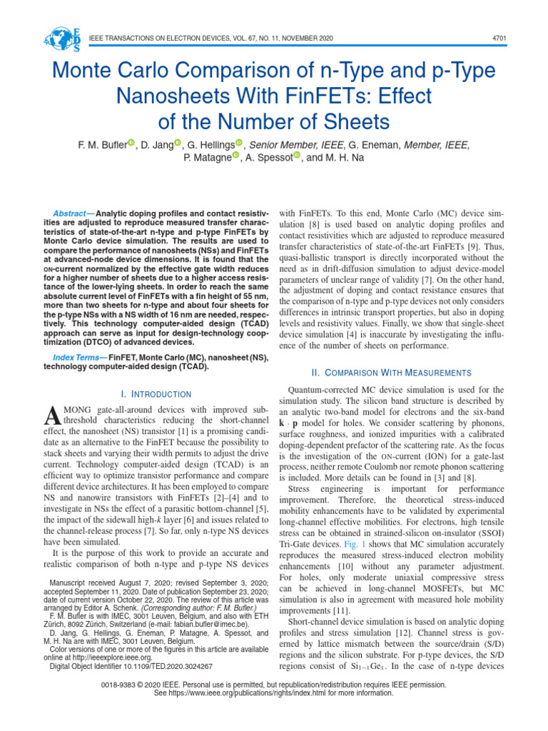 Monte Carlo Comparison Of N Type And P Type Nanosheets With Finfets