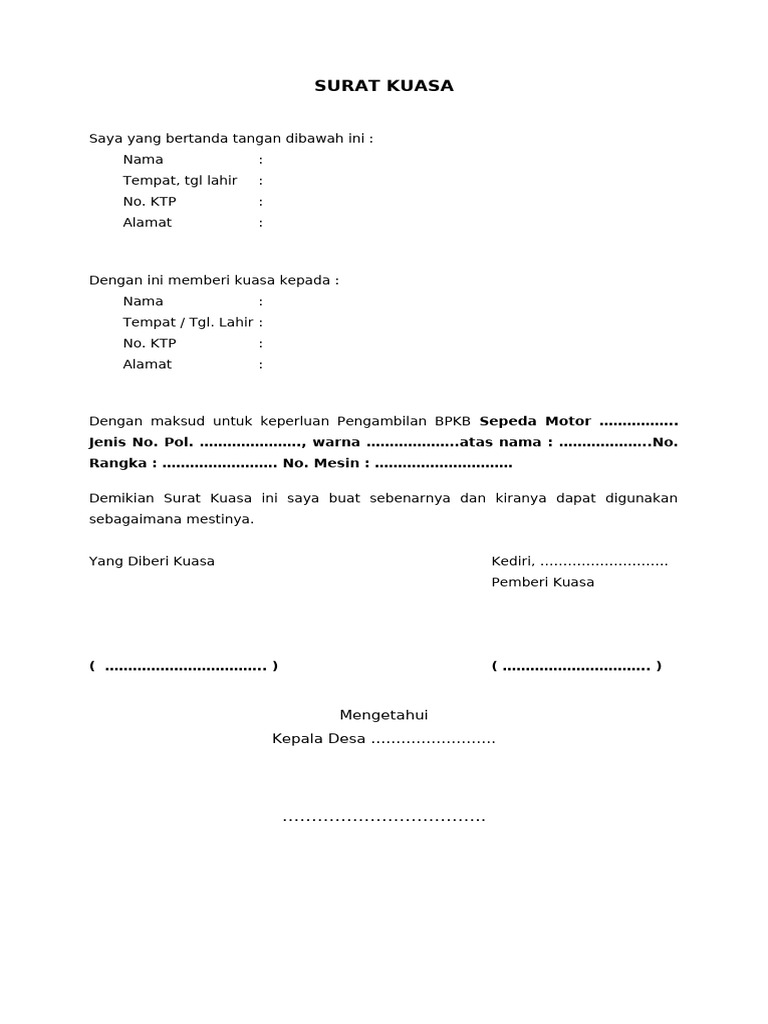 Contoh Surat Kuasa Pengambilan BPKB | PDF