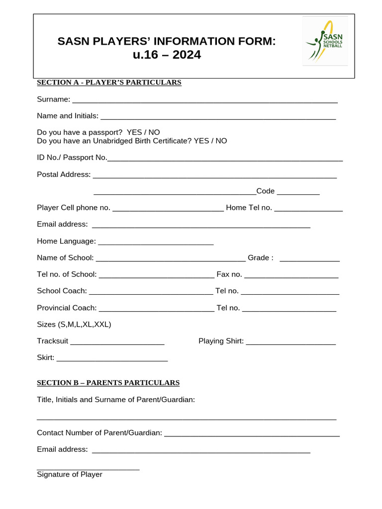 Sasn Players' Information Form:: Section A - Player'S Particulars | PDF