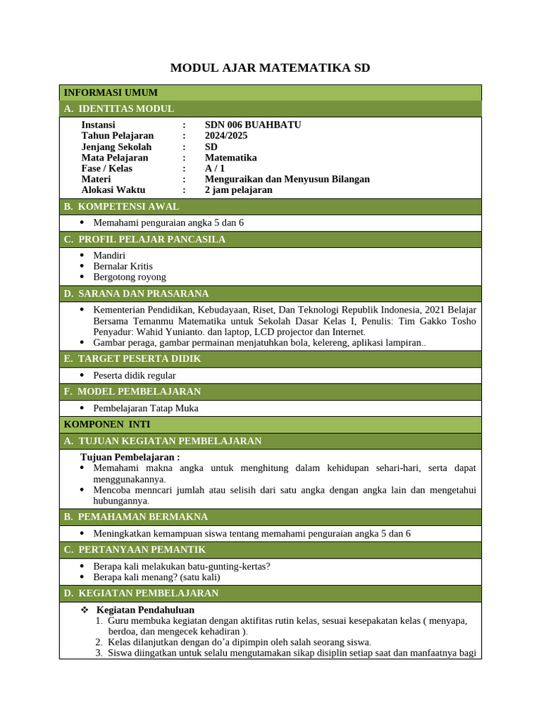 MODUL AJAR MTK BAB 2 1 Pertemuan Aul | PDF