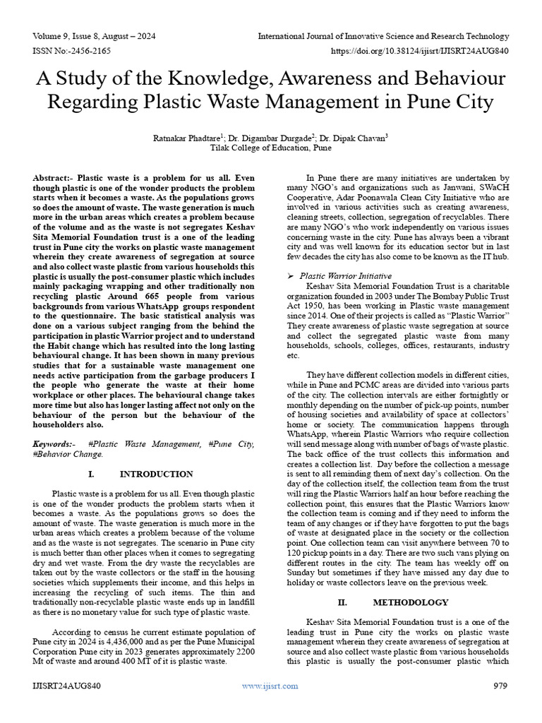 A Study of The Knowledge, Awareness and Behaviour Regarding Plastic ...