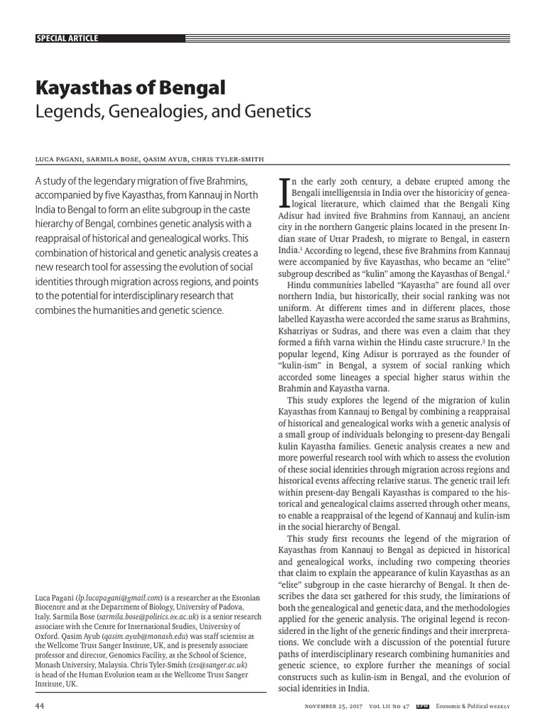 Kayasthas of Bengal: Legends, Genealogies, and Genetics | PDF