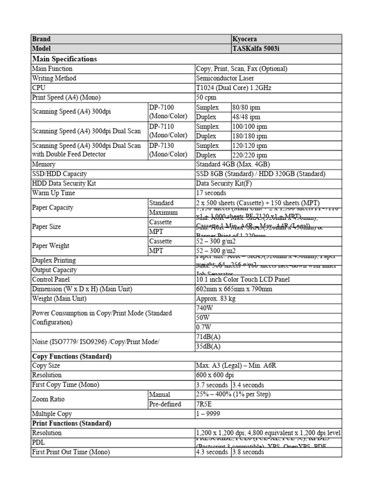 Photo Copy Machine Specifications | PDF