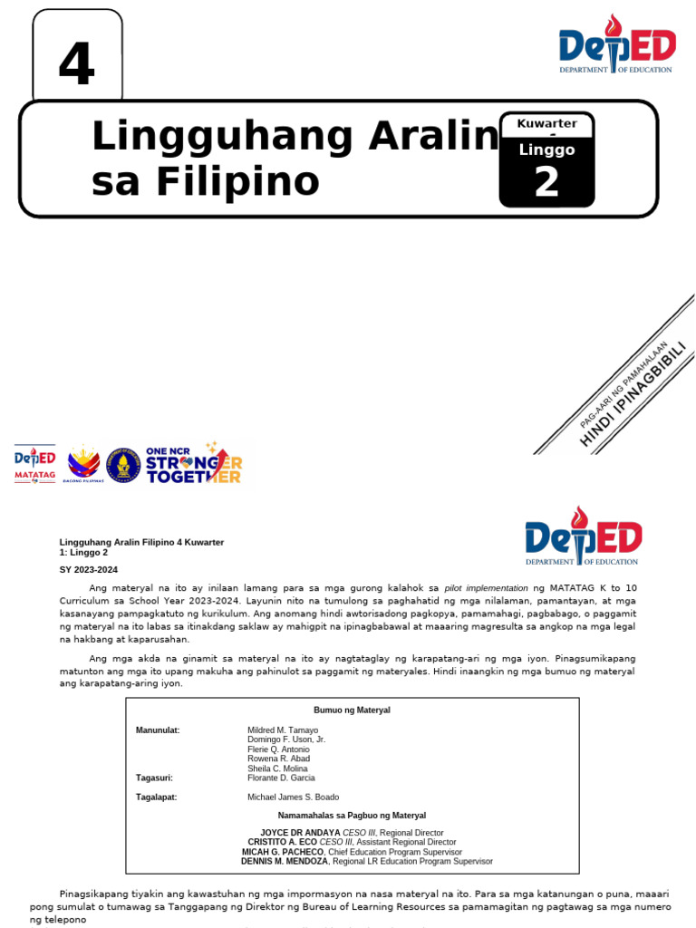 Grade 4 LE Filipino Week 2 Day 1-5 | PDF