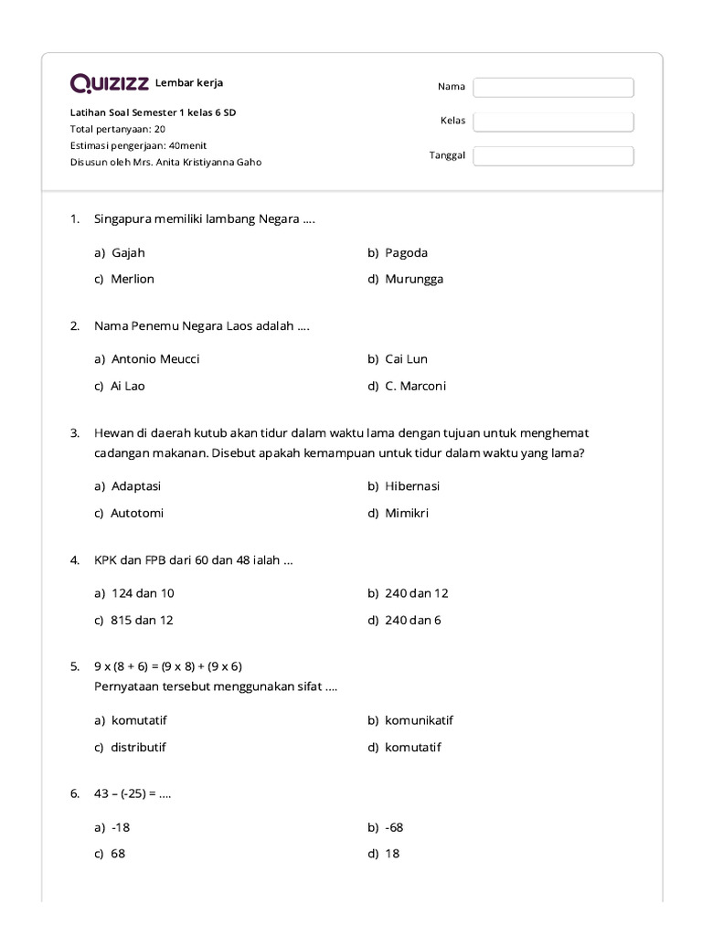 Latihan Soal Semester 1 Kelas 6 SD - Quizizz | PDF