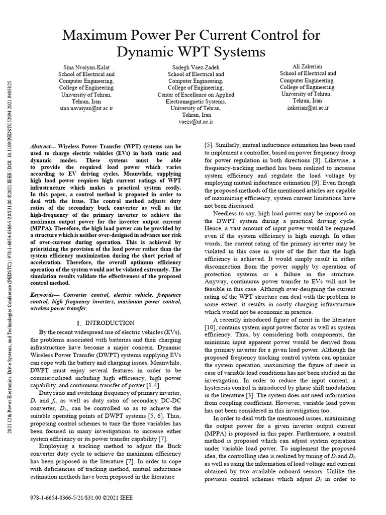 Maximum Power Per Current Control For Dynamic WPT Systems | PDF