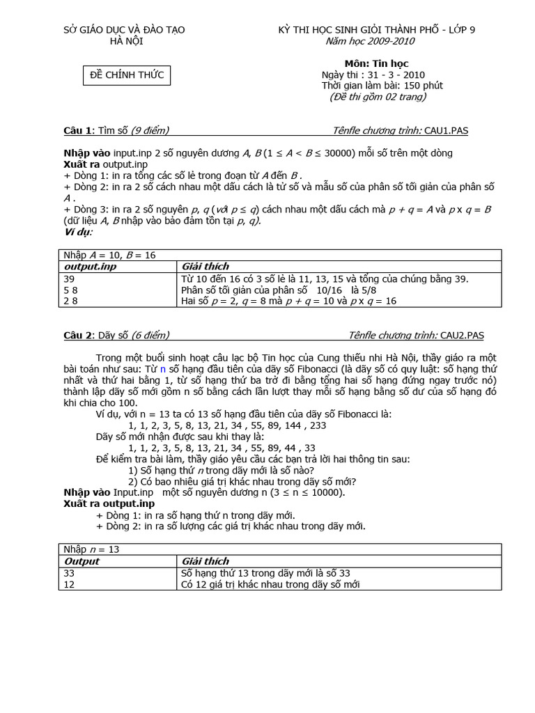 ĐỀ THI HSG TIN 2009 2010 | PDF