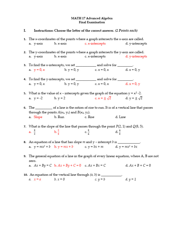 Math 17 - Answer Key Final Examination - ME 1B and EE 1A | PDF