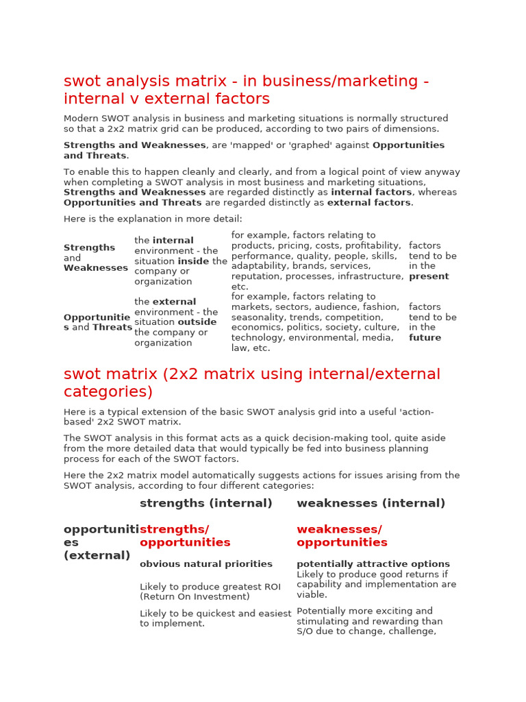 Swot Analysis Matrix Explanation 1 | PDF