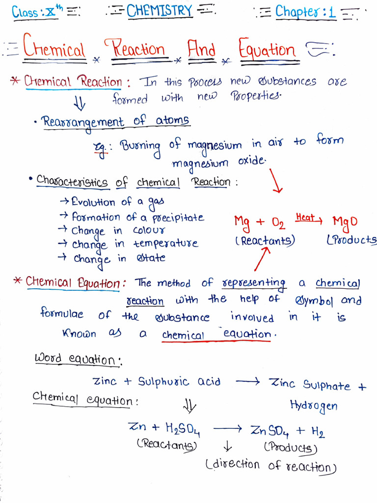 Class 10 Science Chemistry Chapter Chemical Reaction and Equation Notes ...