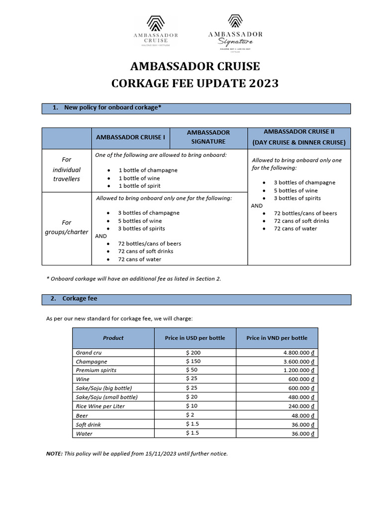 Ambassador Corkage Fee Policy 2023-2024 | PDF